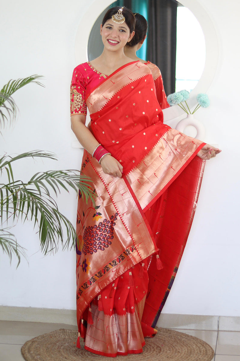 Artistic Red Paithani Silk Saree With Seraglio Blouse Piece – Kankaari