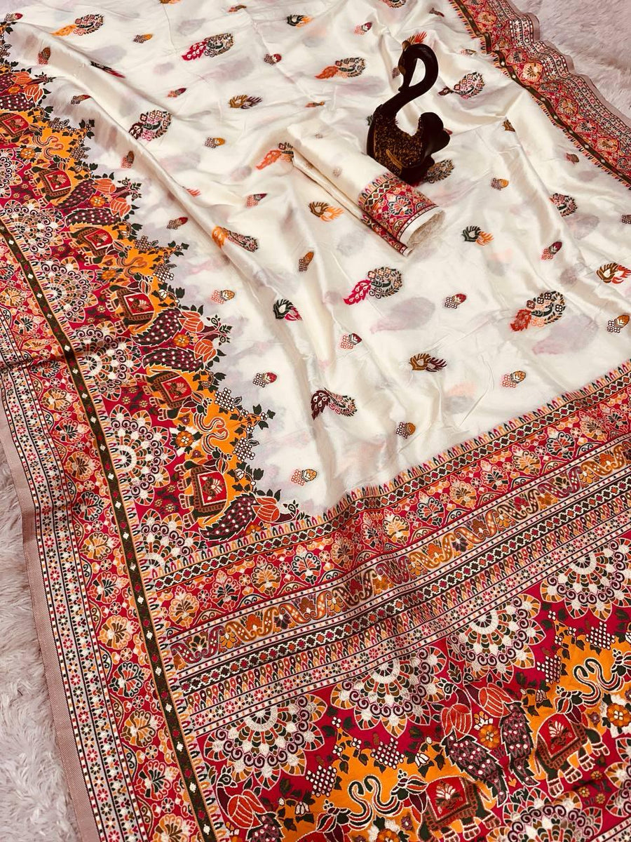 Demure Beige Pashmina saree With Traditional Blouse Piece – Kankaari