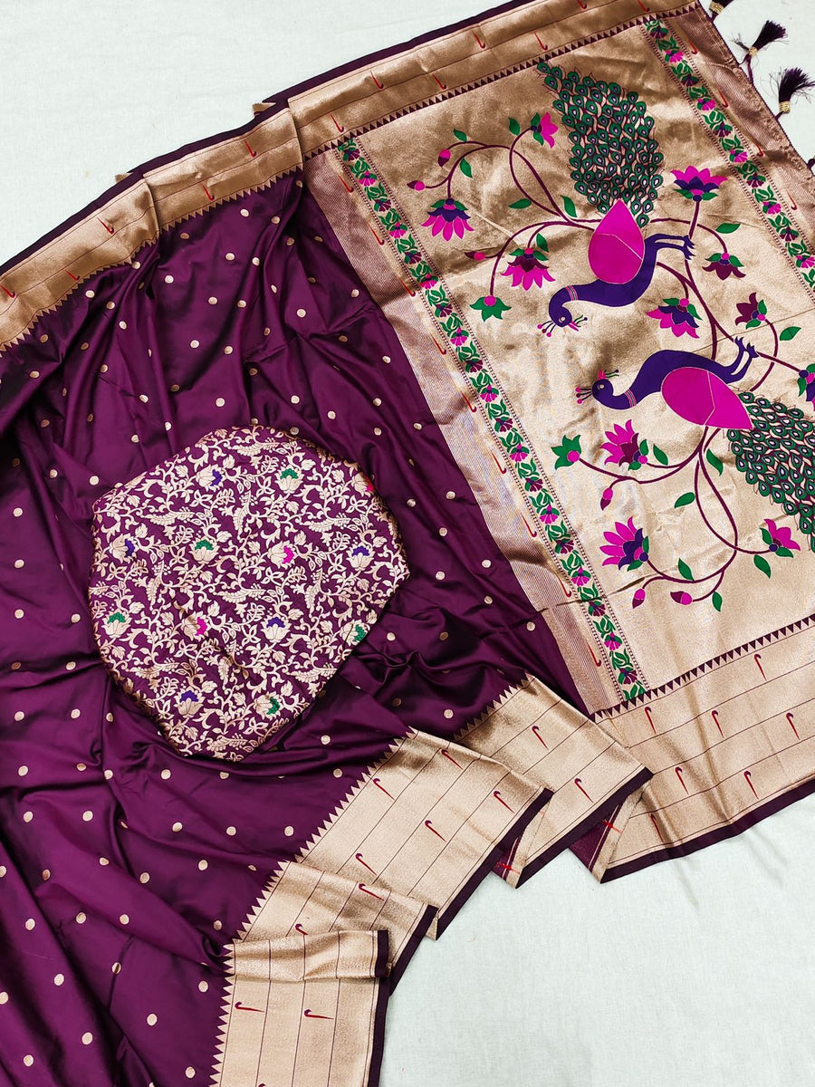 Desiring Wine Paithani Silk Saree With Sempiternal Blouse Piece – Kankaari
