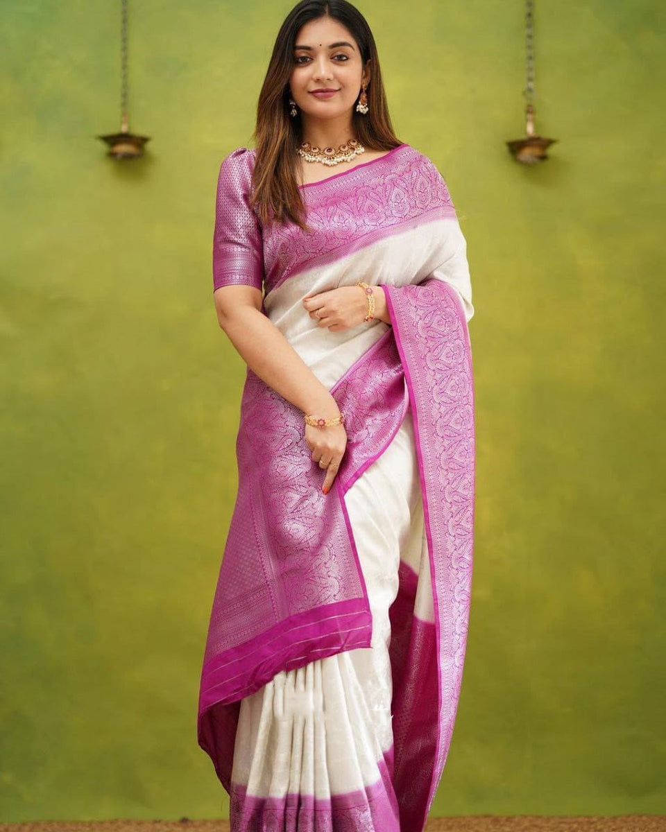 Enticing White Soft Silk Saree With Demure Blouse Piece – Kankaari