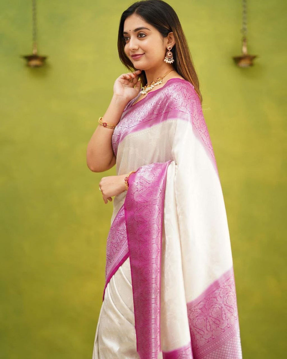 Enticing White Soft Silk Saree With Demure Blouse Piece – Kankaari